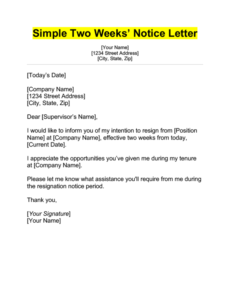 2 Weeks Notice Email Template