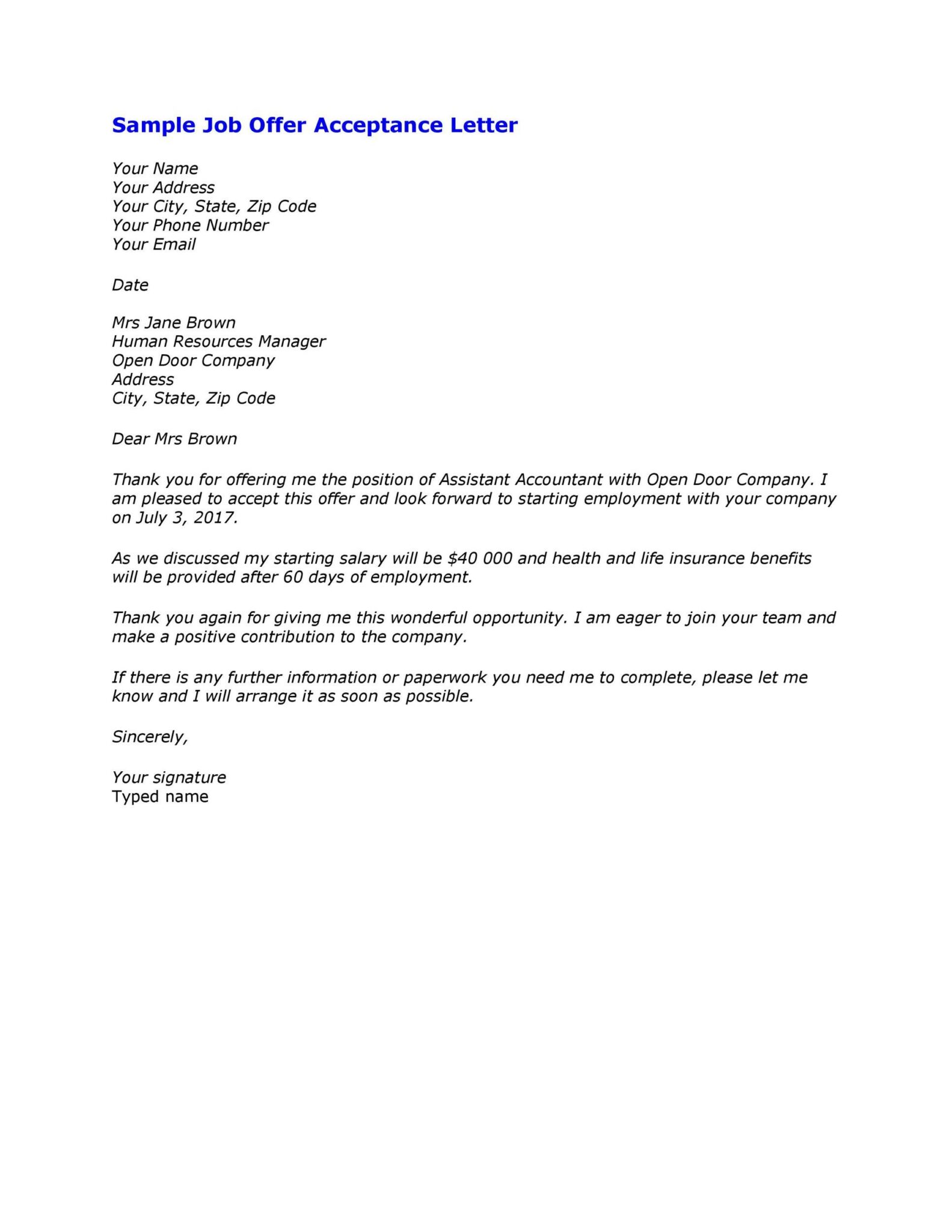 Job Offer Acceptance Email Template