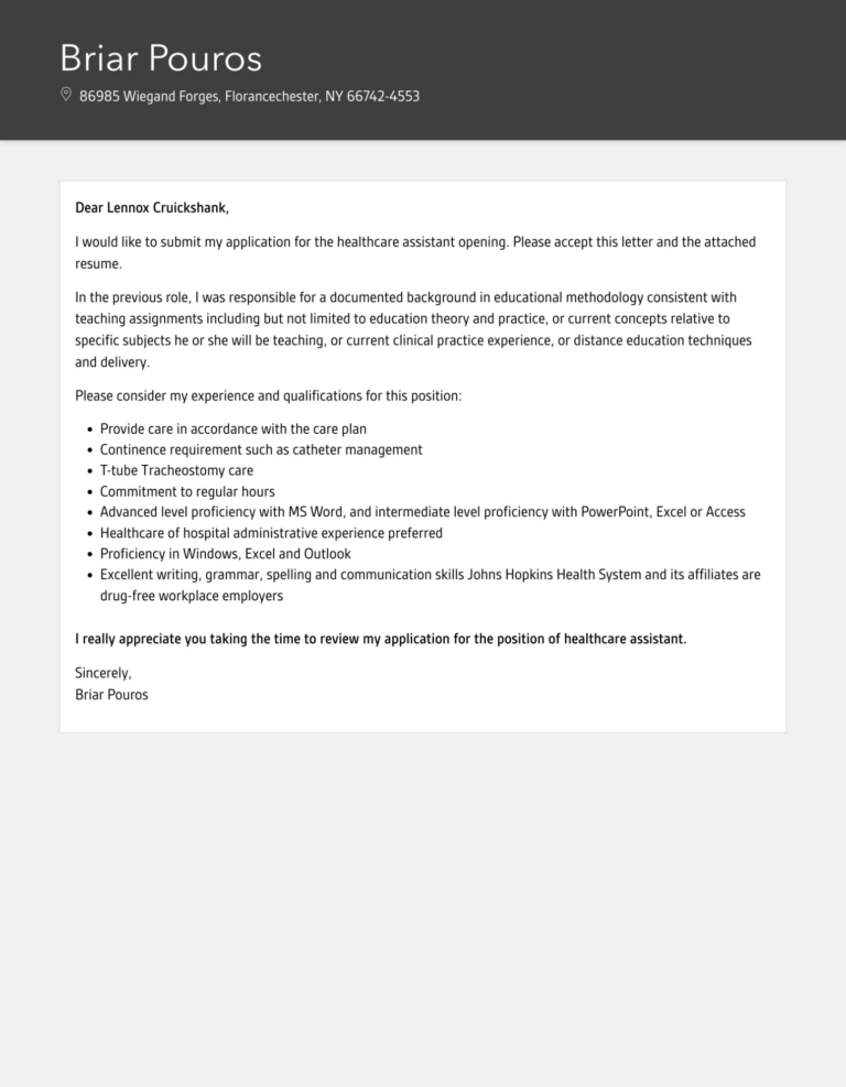 Health Care Assistant Cover Letter Template