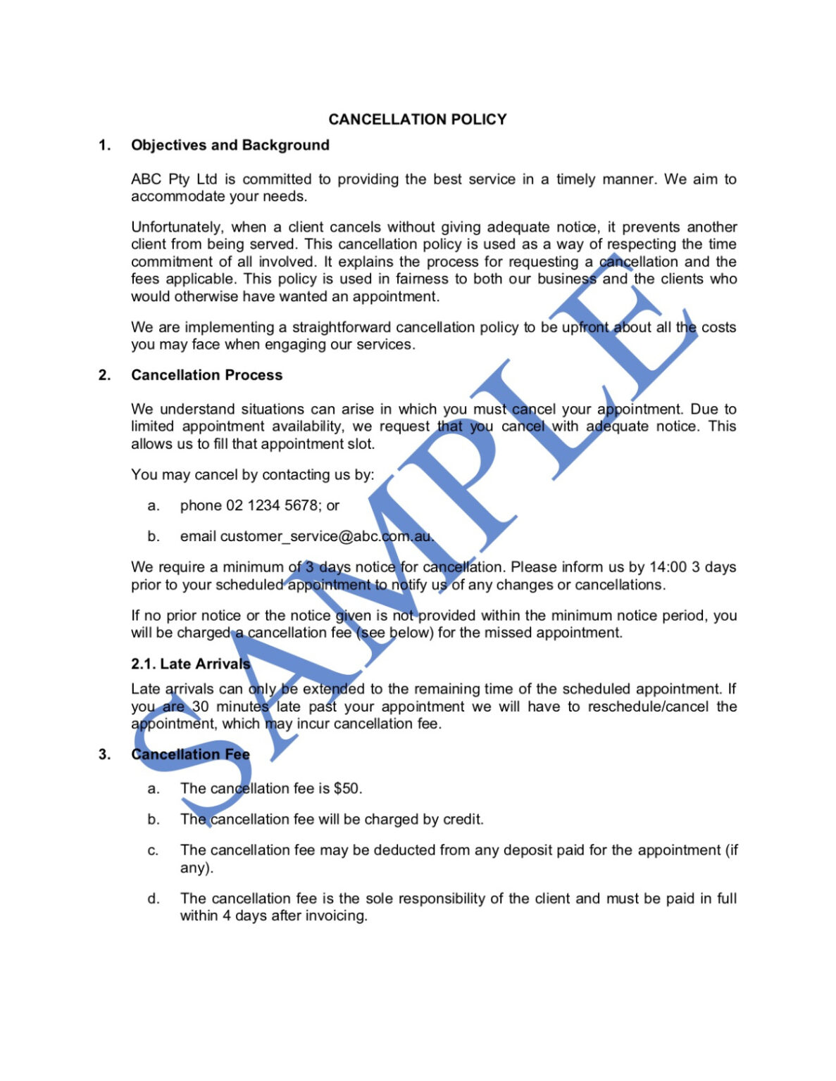 24 Hour Appointment Cancellation Policy Template