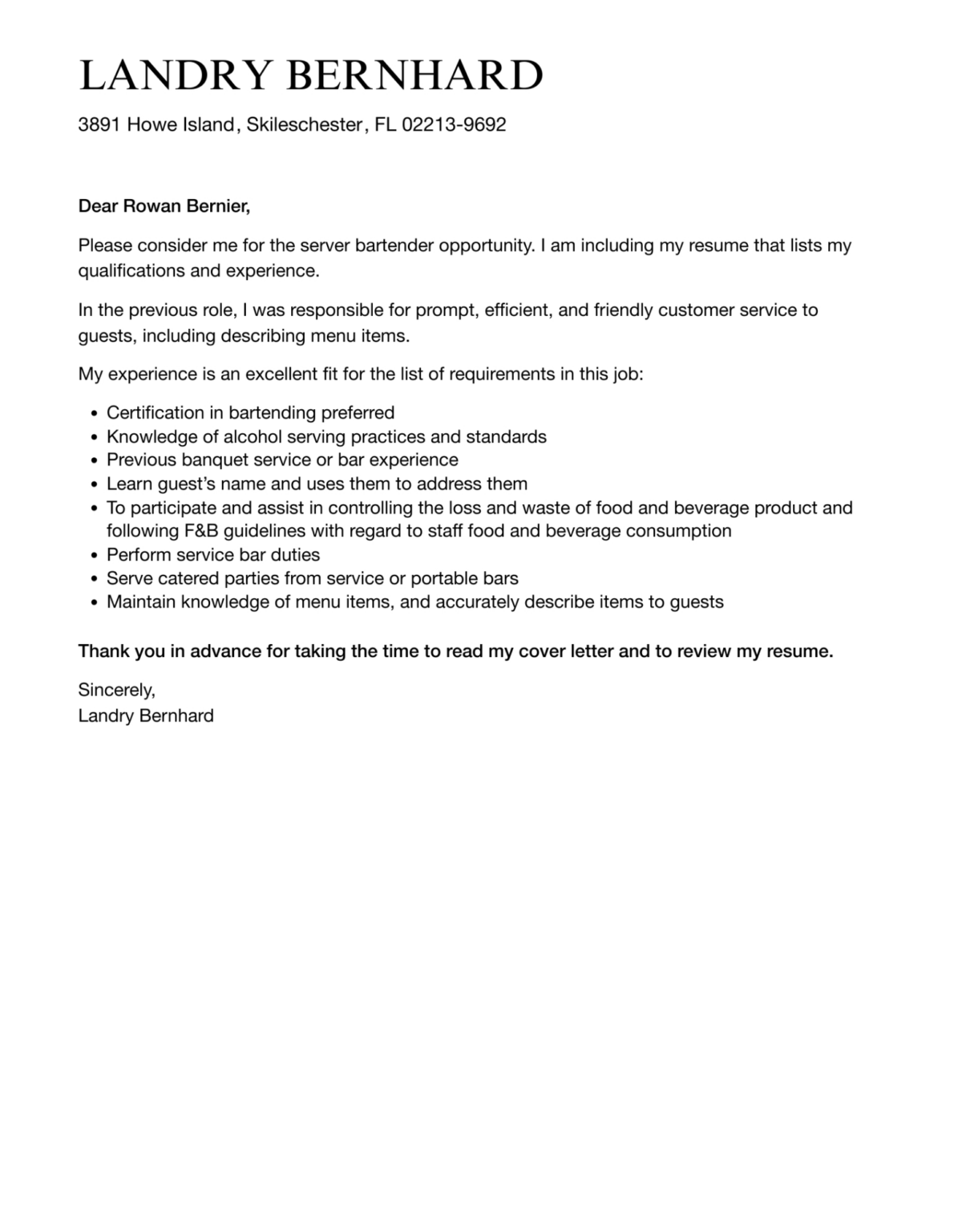 Bartender Cover Letter Template