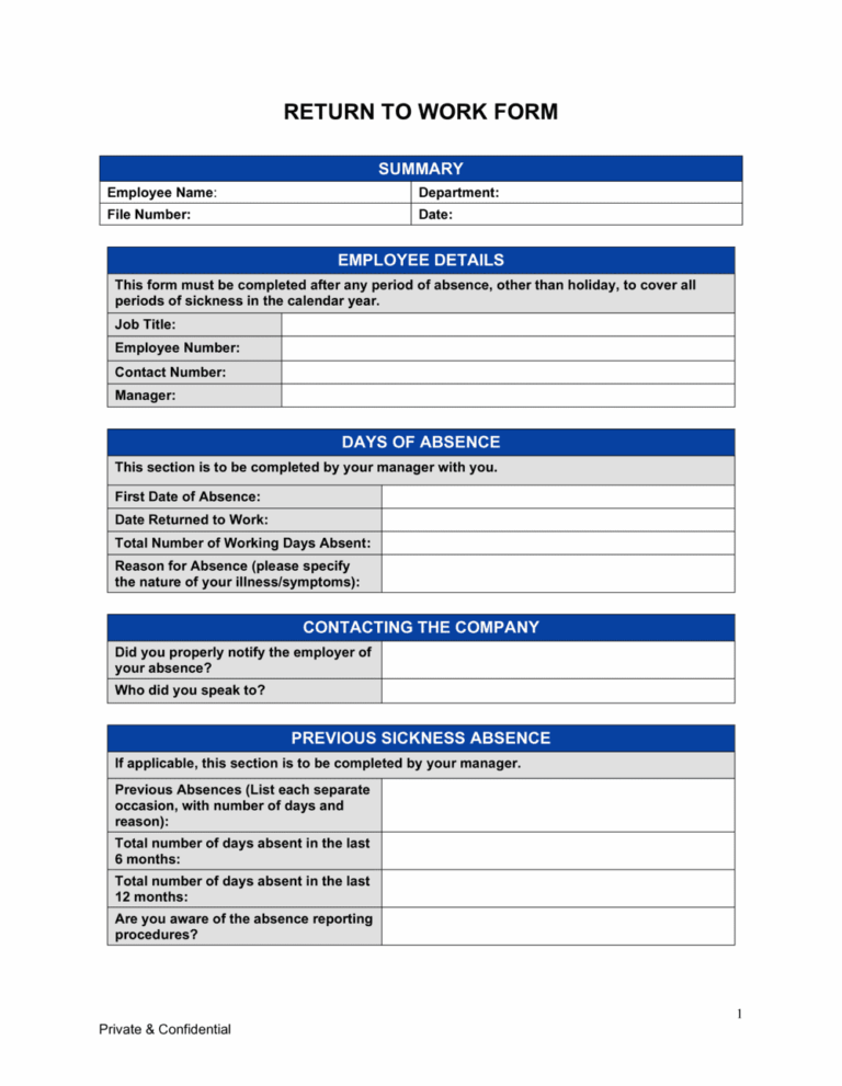 Employee Return to Work Form Template
