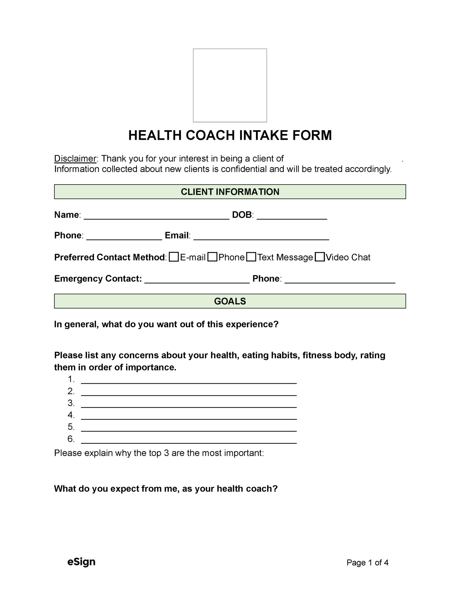 Health Coach Intake Form Template