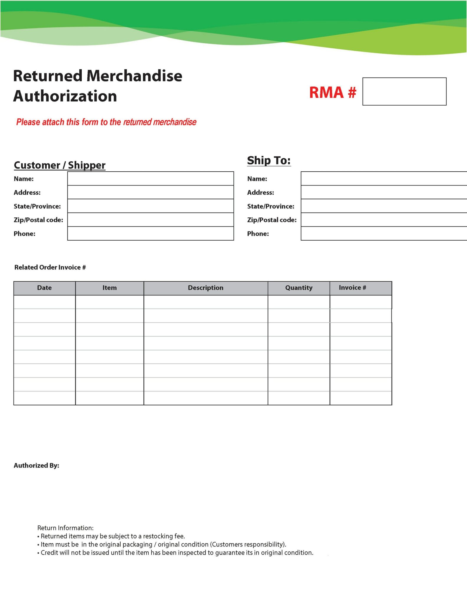Return Material Authorization Form Template 4173