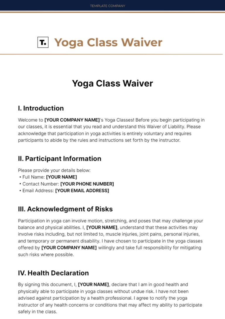 Yoga Class Waiver Form Template