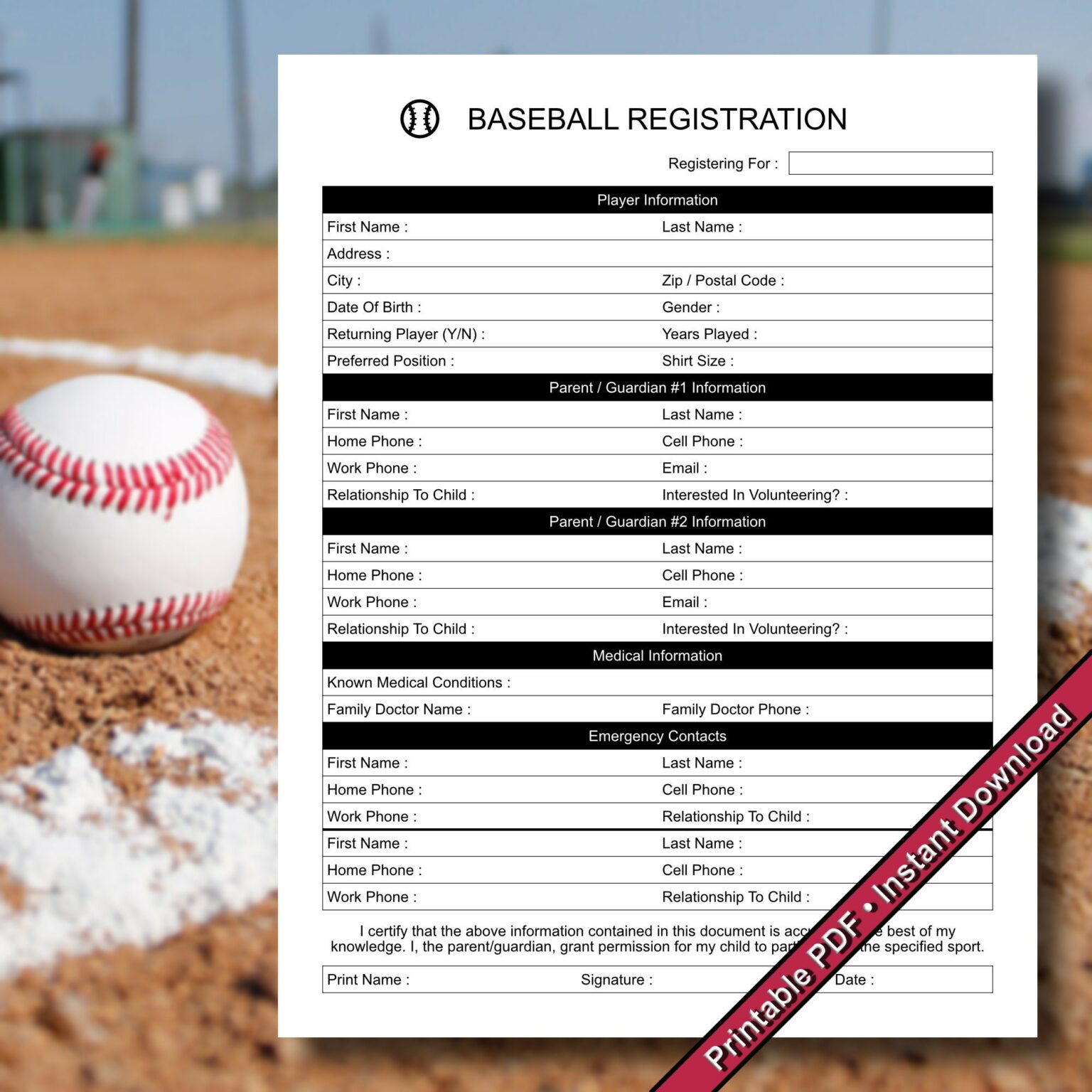 Youth Baseball Registration Form Template