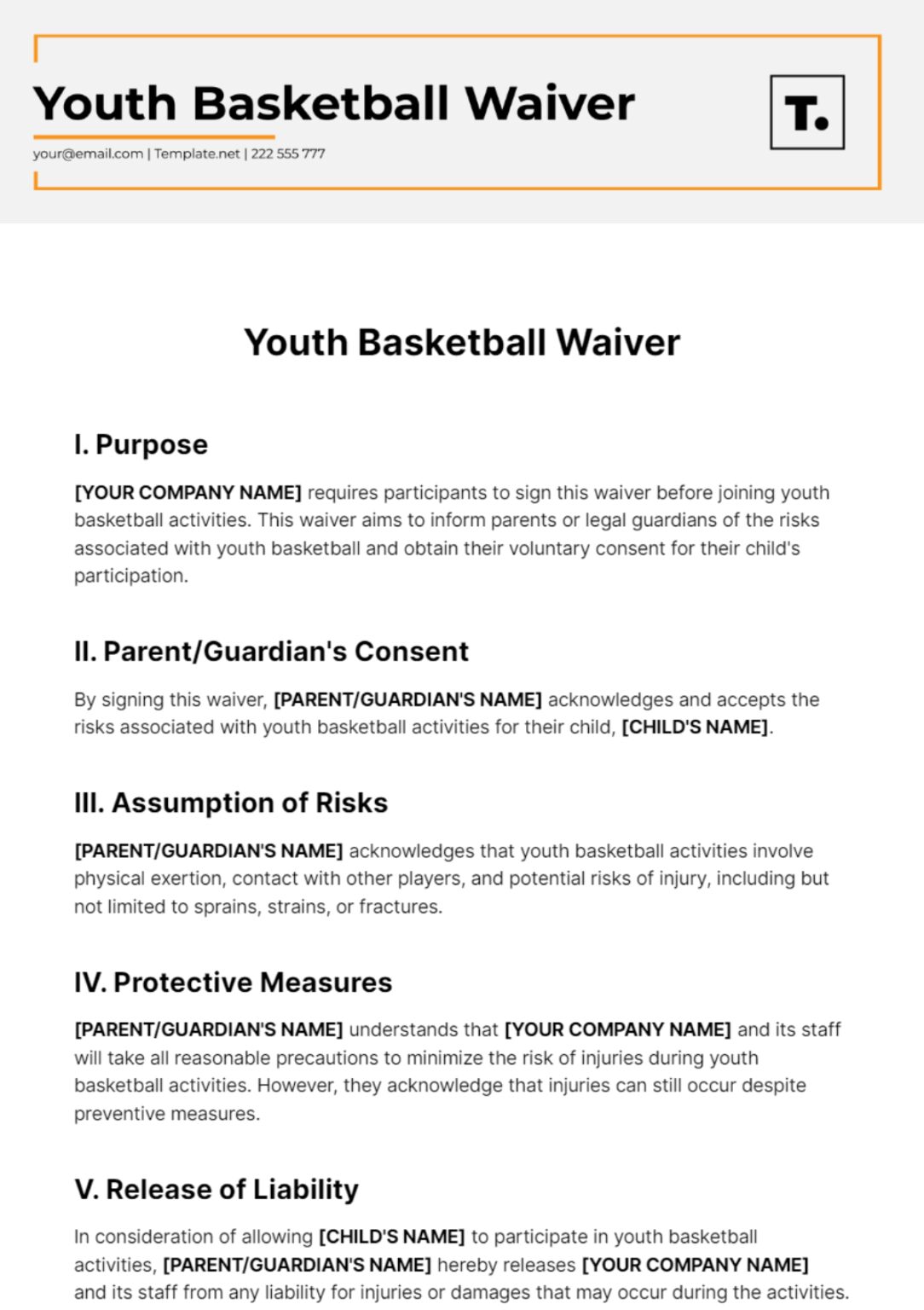 Youth Basketball Waiver Form Template